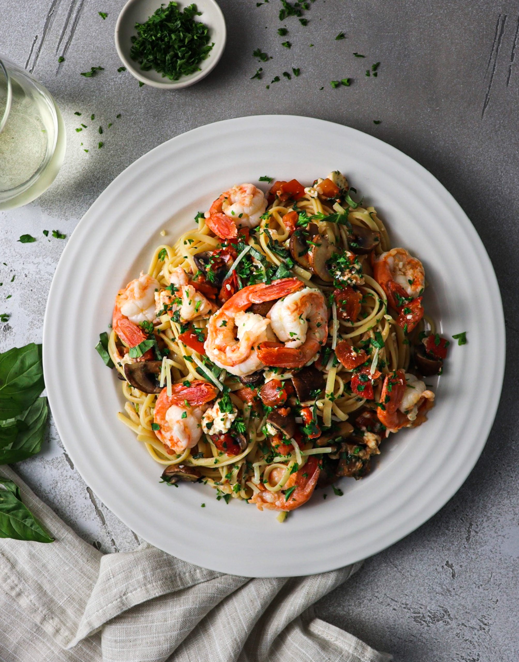 Spot Prawn Pasta with Tomatoes, Mushrooms, and Feta - Rhubarb & Lavender