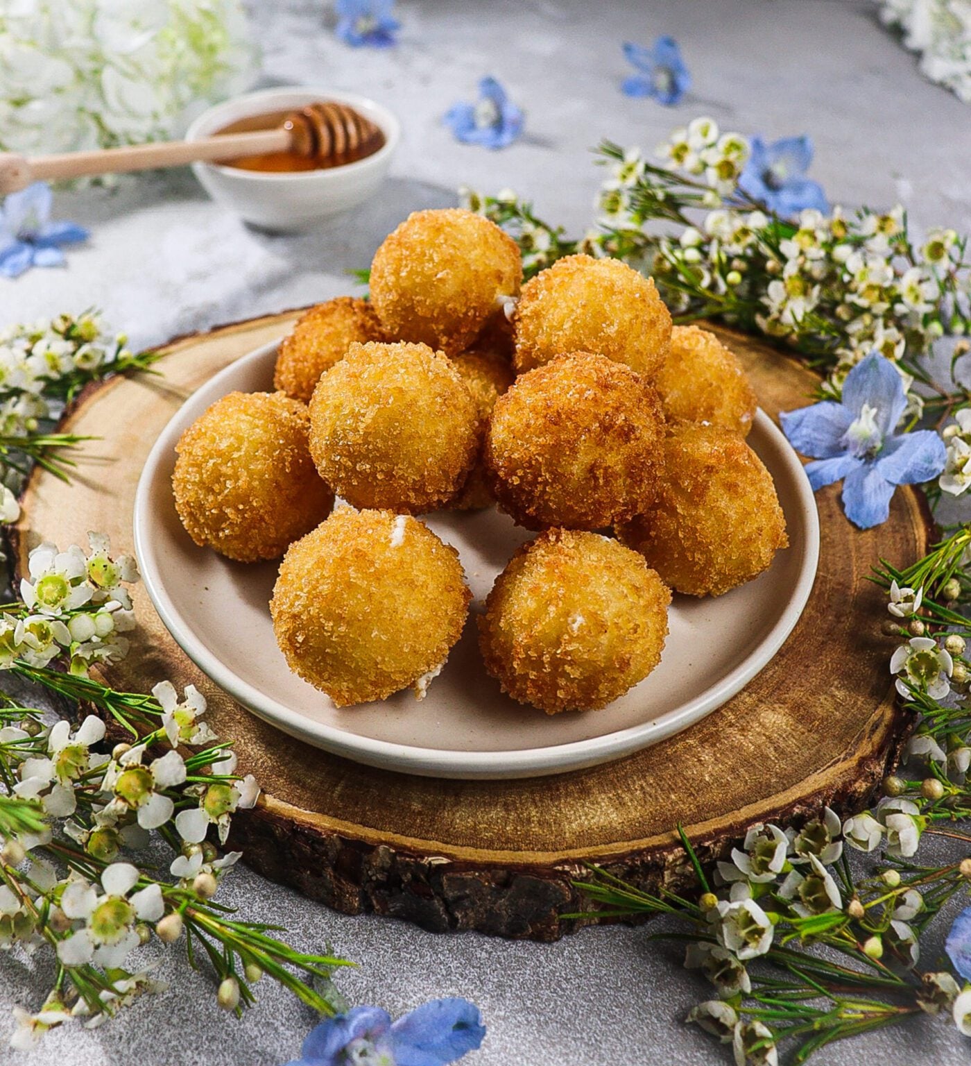 Fried Goat Cheese Balls with Honey and Fennel Pollen - Rhubarb & Lavender