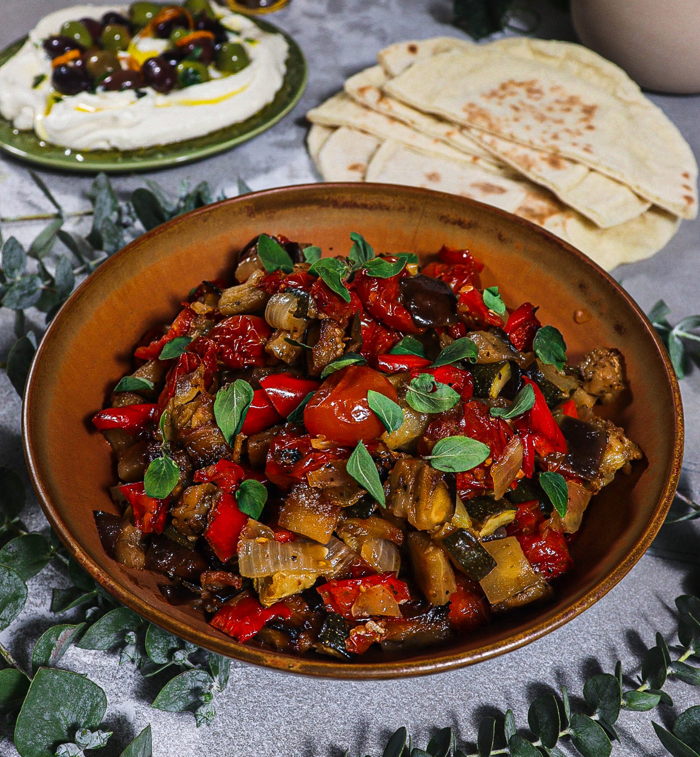 Athena: Briam with Whipped Feta, Olives, and Pita - Rhubarb & Lavender