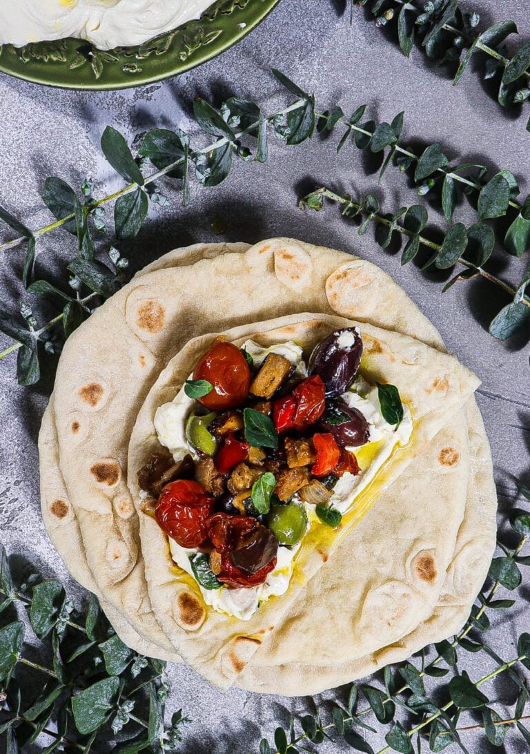 Athena: Briam with Whipped Feta, Olives, and Pita - Rhubarb & Lavender