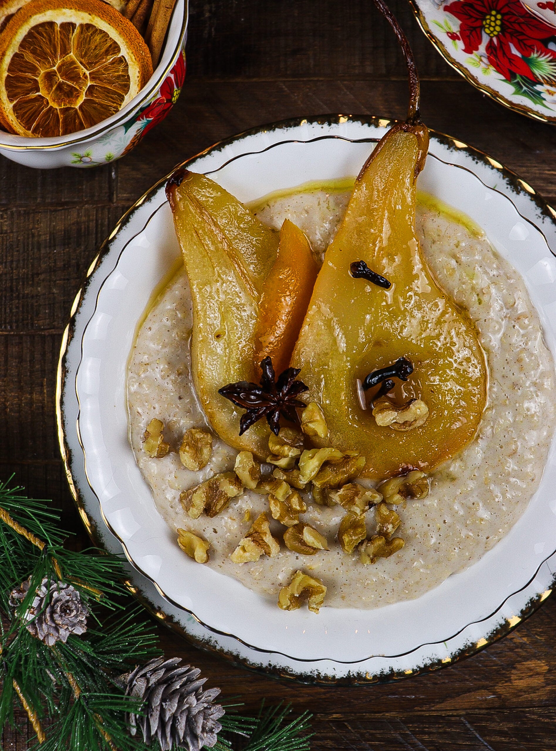 Scrooge's Gruel: Oatmeal with Honey Spiced Pears - Rhubarb & Lavender