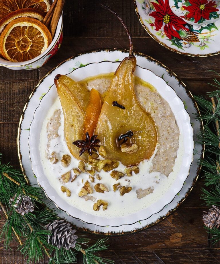 Scrooge's Gruel: Oatmeal with Honey Spiced Pears - Rhubarb & Lavender