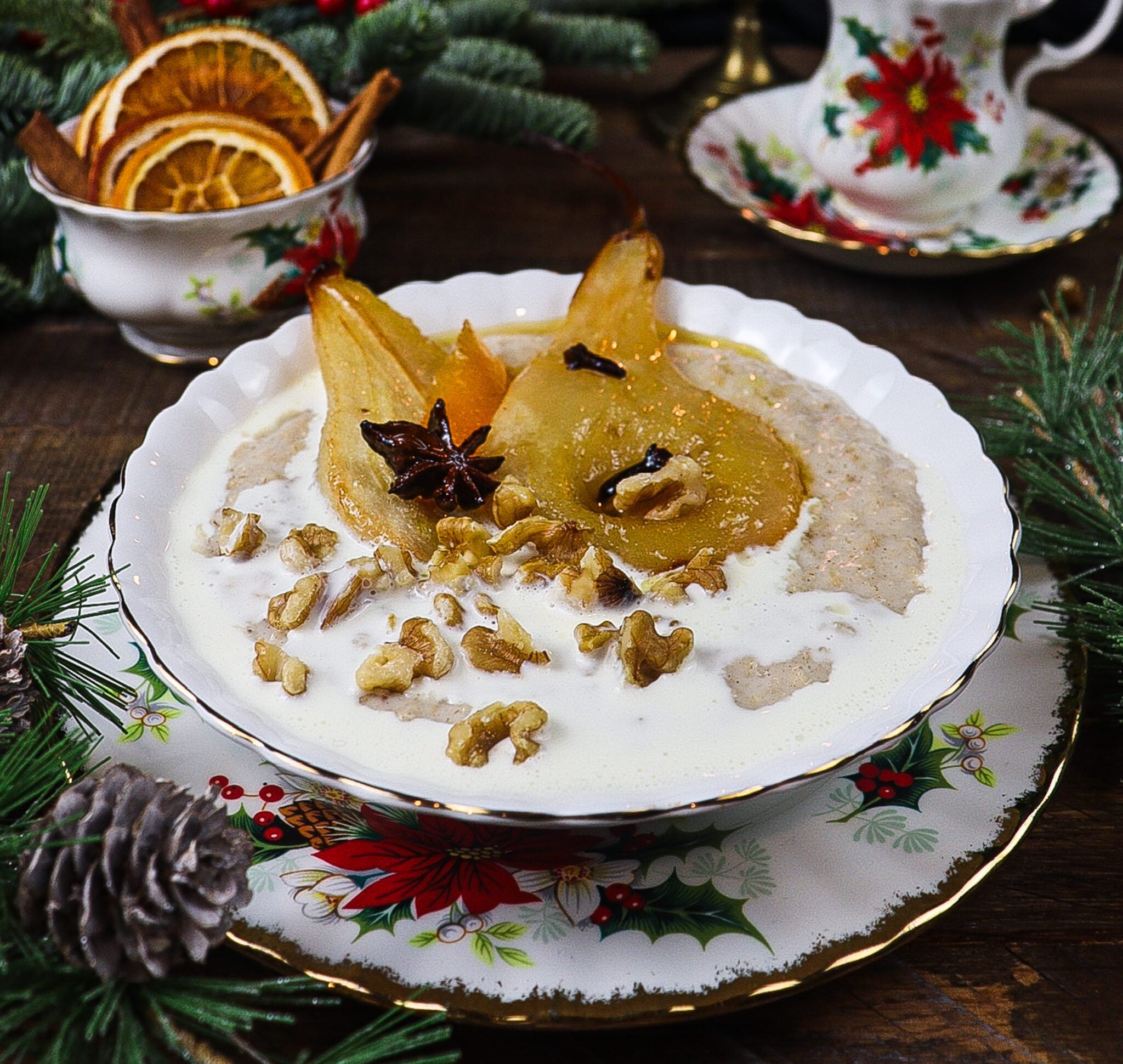 Scrooge's Gruel: Oatmeal with Honey Spiced Pears - Rhubarb & Lavender